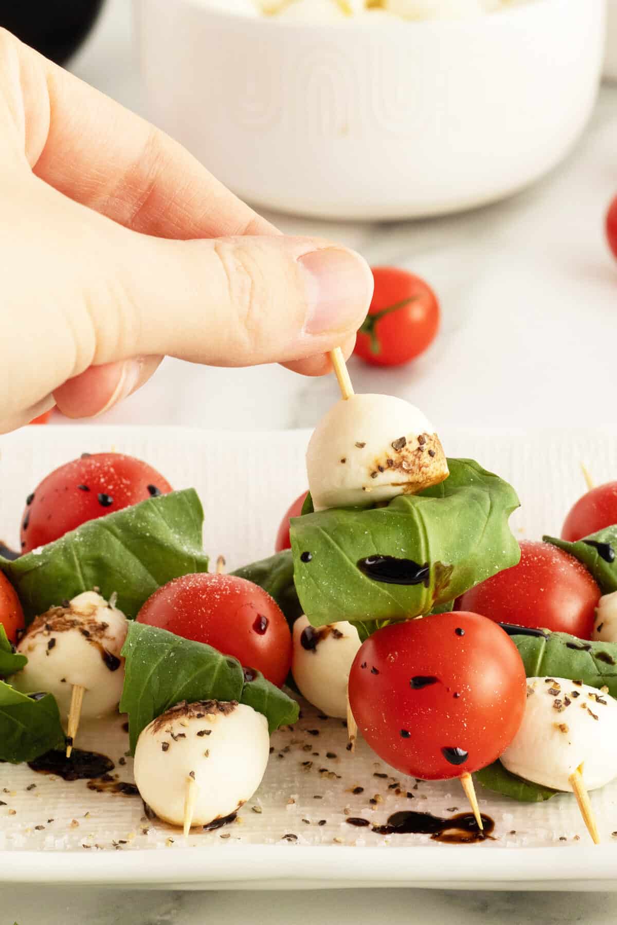 Caprese Skewers With Balsamic Drizzle - The Kitchen Magpie