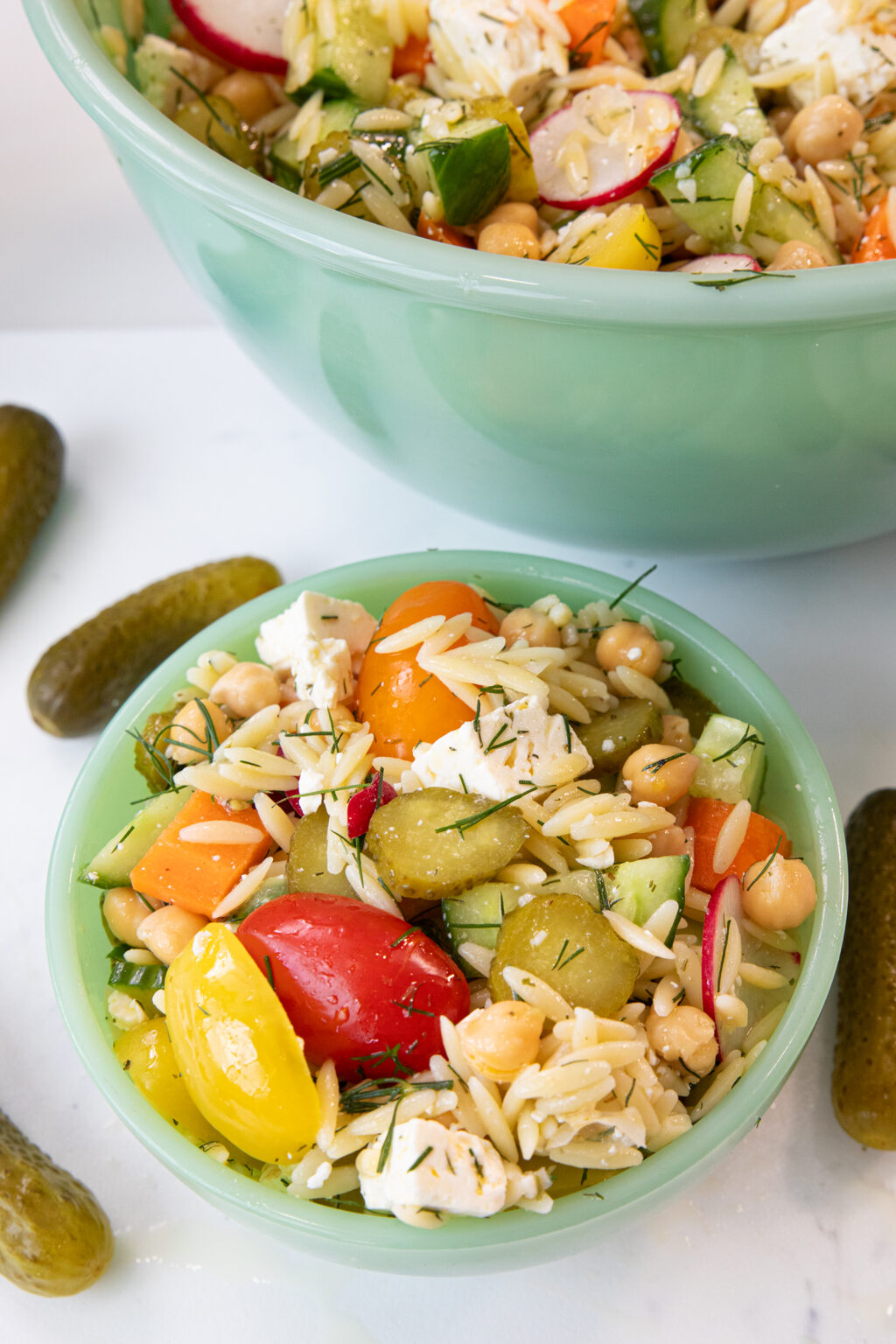 Dill Pickle Chickpea Orzo Salad - The Kitchen Magpie