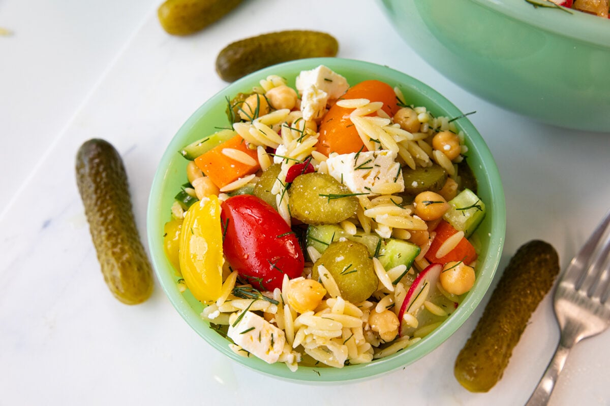 Dill Pickle Chickpea Orzo Salad - The Kitchen Magpie